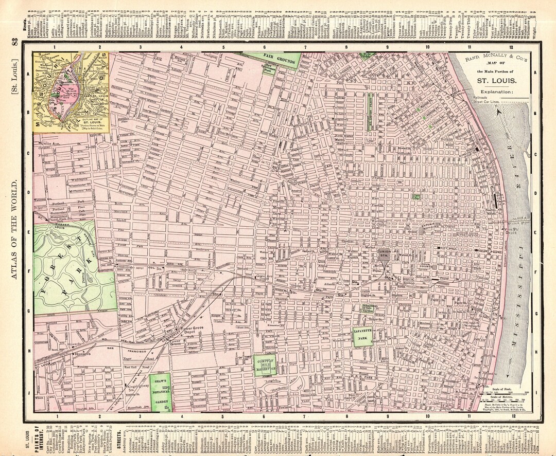 1895 Antique ST LOUIS City Map of St Louis Missouri Street Map Wall ...