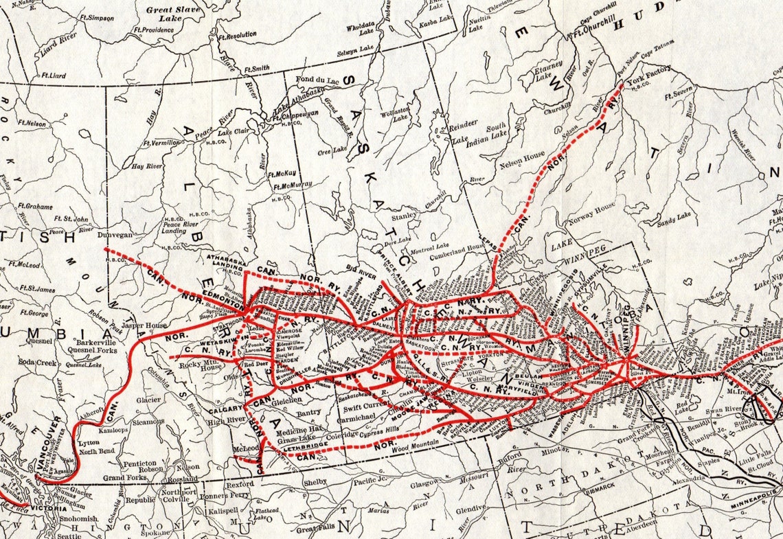1913 Antique Canadian Northern Railway Map Canadian Railroad | Etsy
