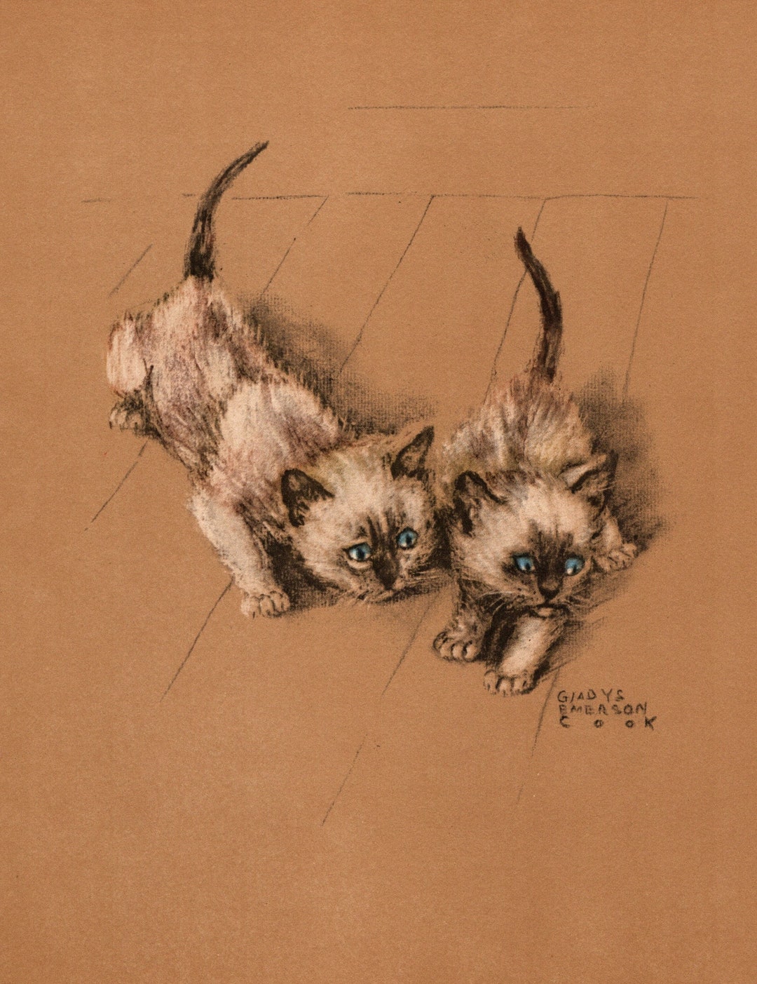 Sweet Siamese Cat Print Vintage Siamese Kittens Illustration Wall Art ...