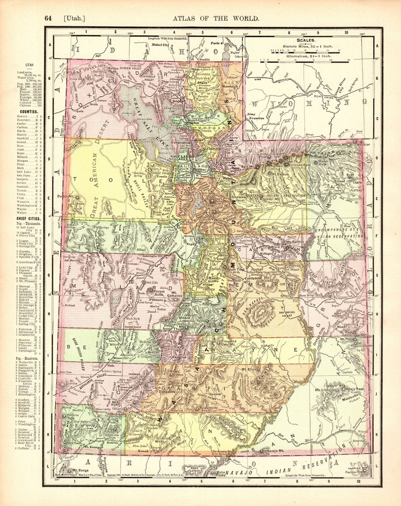 1902 Antique UTAH State Map Vintage Map of Utah Decor Map | Etsy