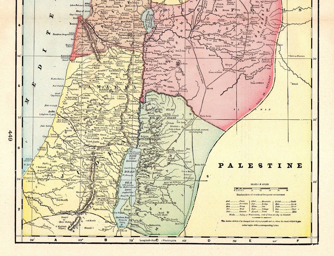 Antique Large Palestine Map 1901 Map of Palestine Wall Decor George ...