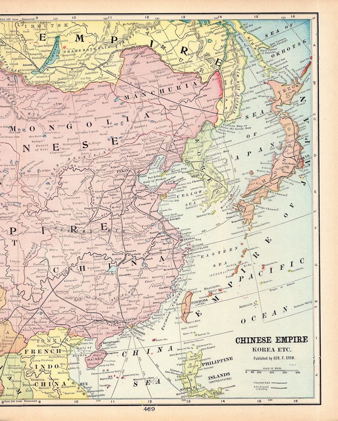 1905 Antique China Map Chinese Empire Map George Cram Atlas Map of ...