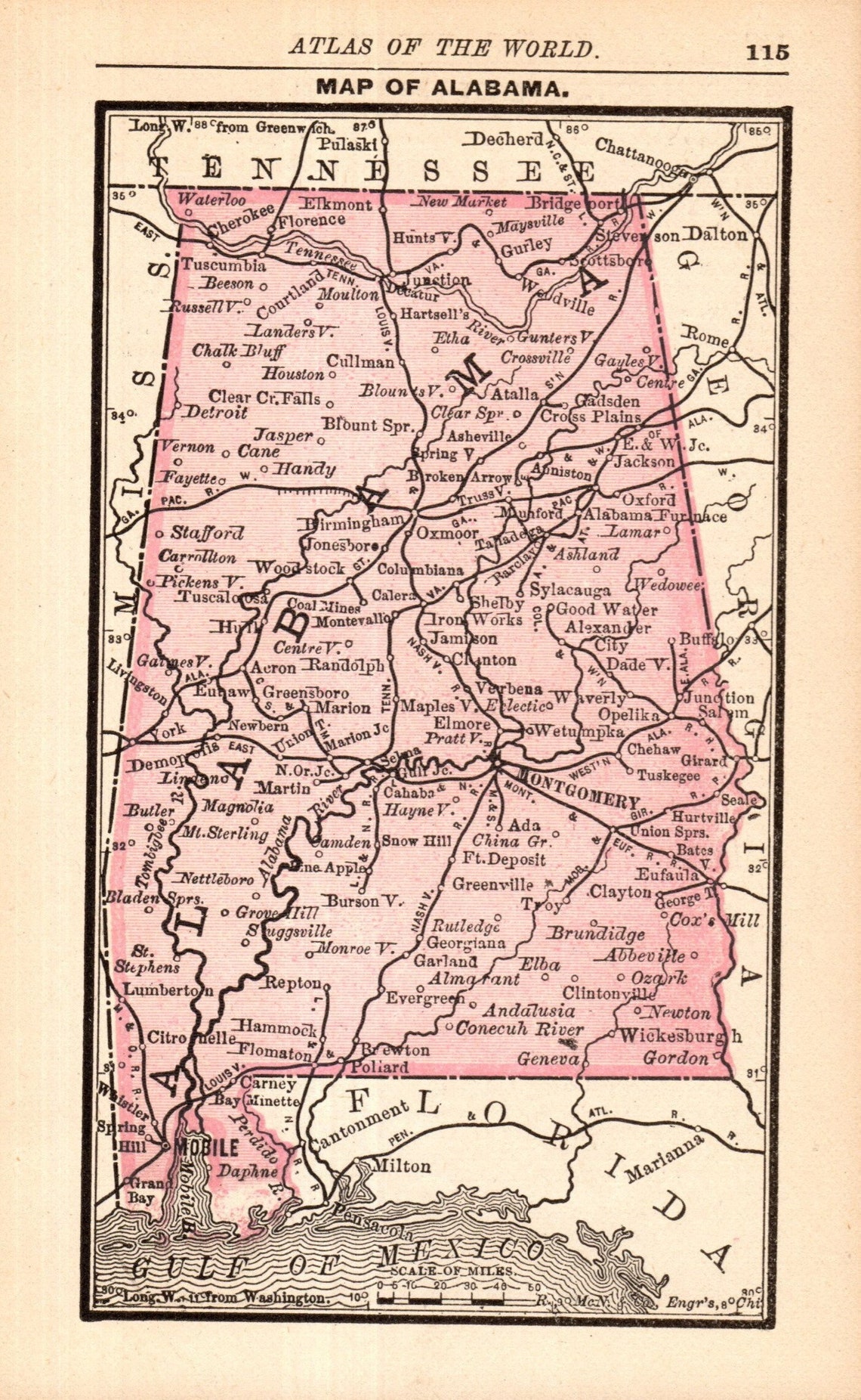 1888 Tiny ALABAMA State Map Miniature Vintage Map of Alabama - Etsy