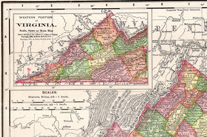 1909 Antique VIRGINIA State Map Vintage Map of Virginia Wall Decor ...