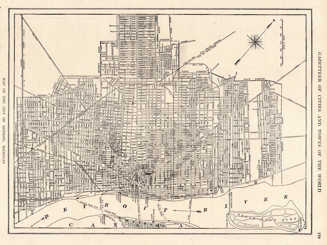 1919 Antique DETROIT Street Map City Map of Detroit Michigan Black ...