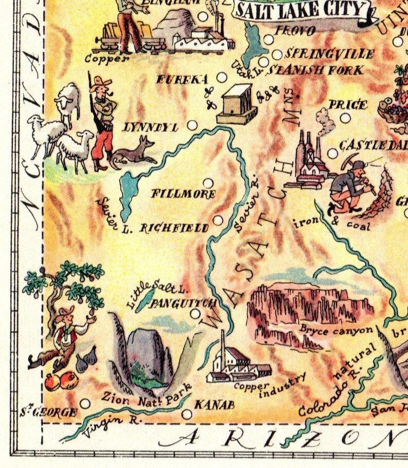 1940s Vintage UTAH Picture Map Animated Cartoon Map of Utah - Etsy