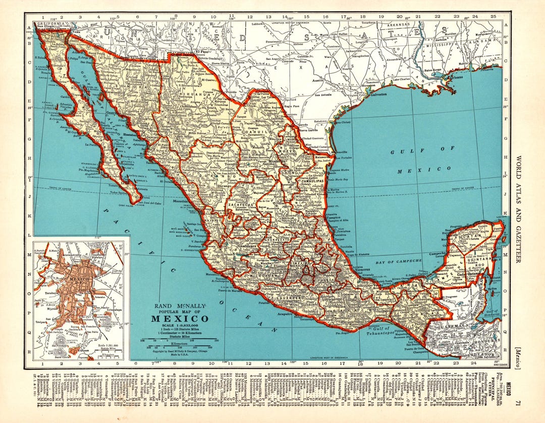 1940 Vintage Mexico Map Antique Atlas Map of Mexico Gallery Wall Decor ...