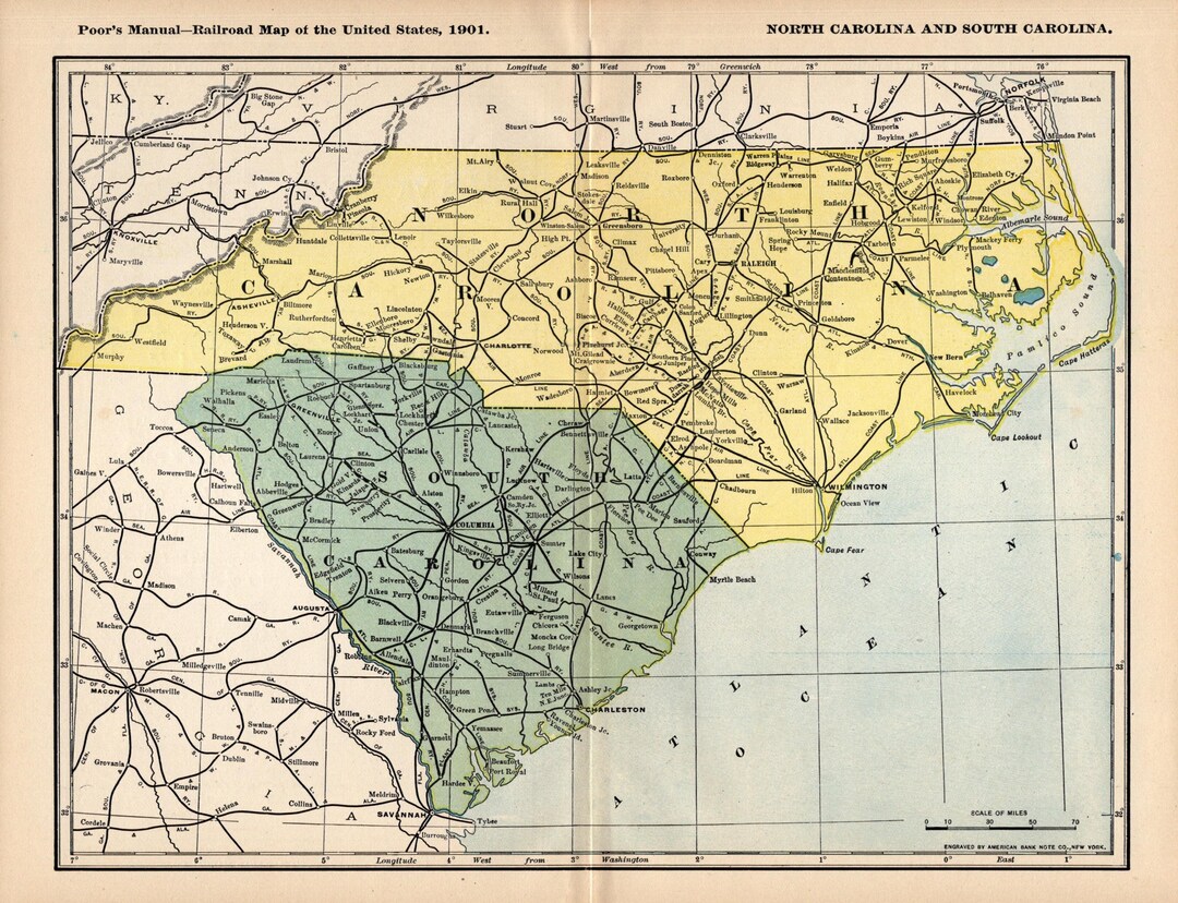 1901 Antique North and South Carolina Railroad Map Atlantic Coast Line ...