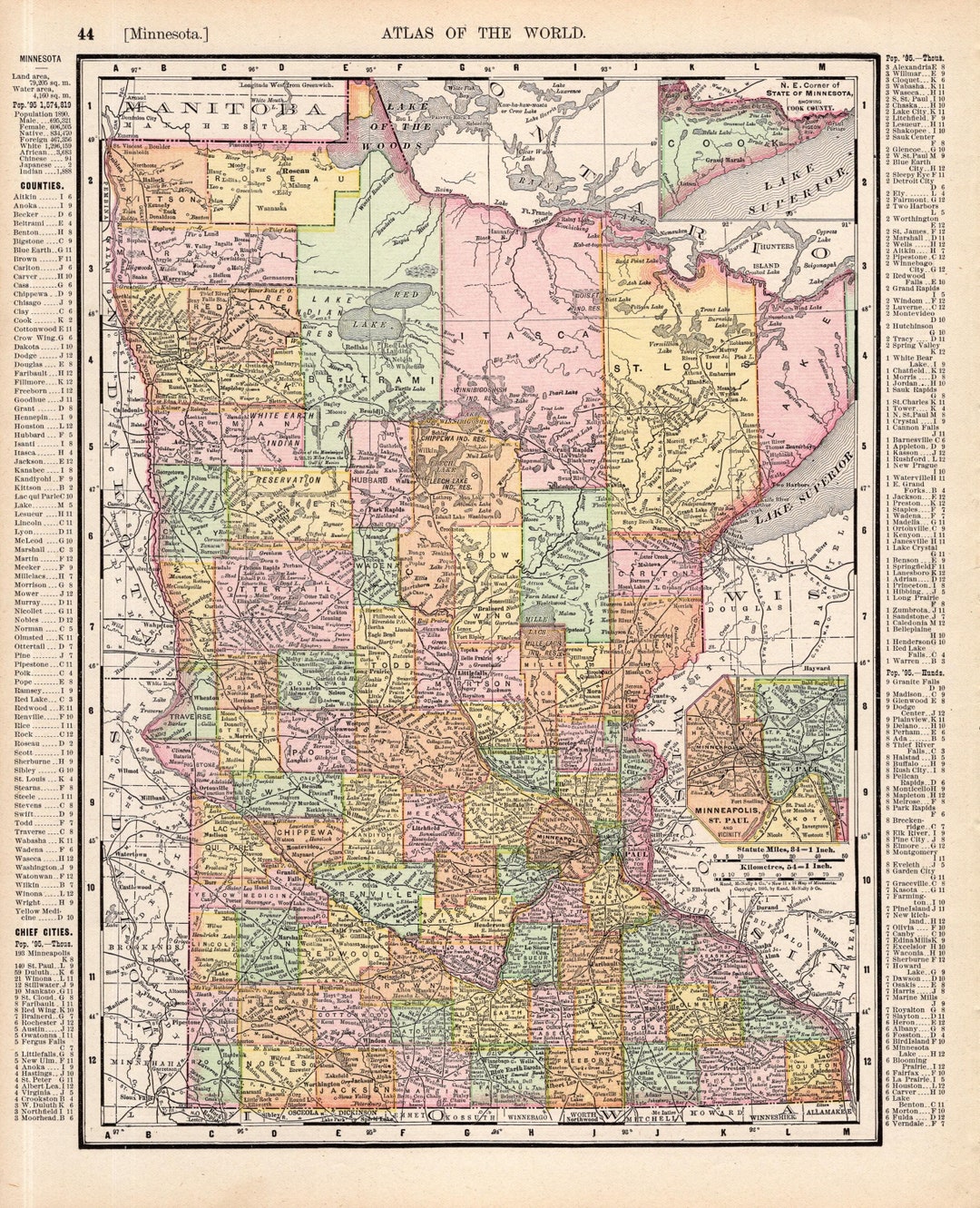 1895 Antique MINNESOTA State Map Vintage Map of Minnesota Gallery Wall ...