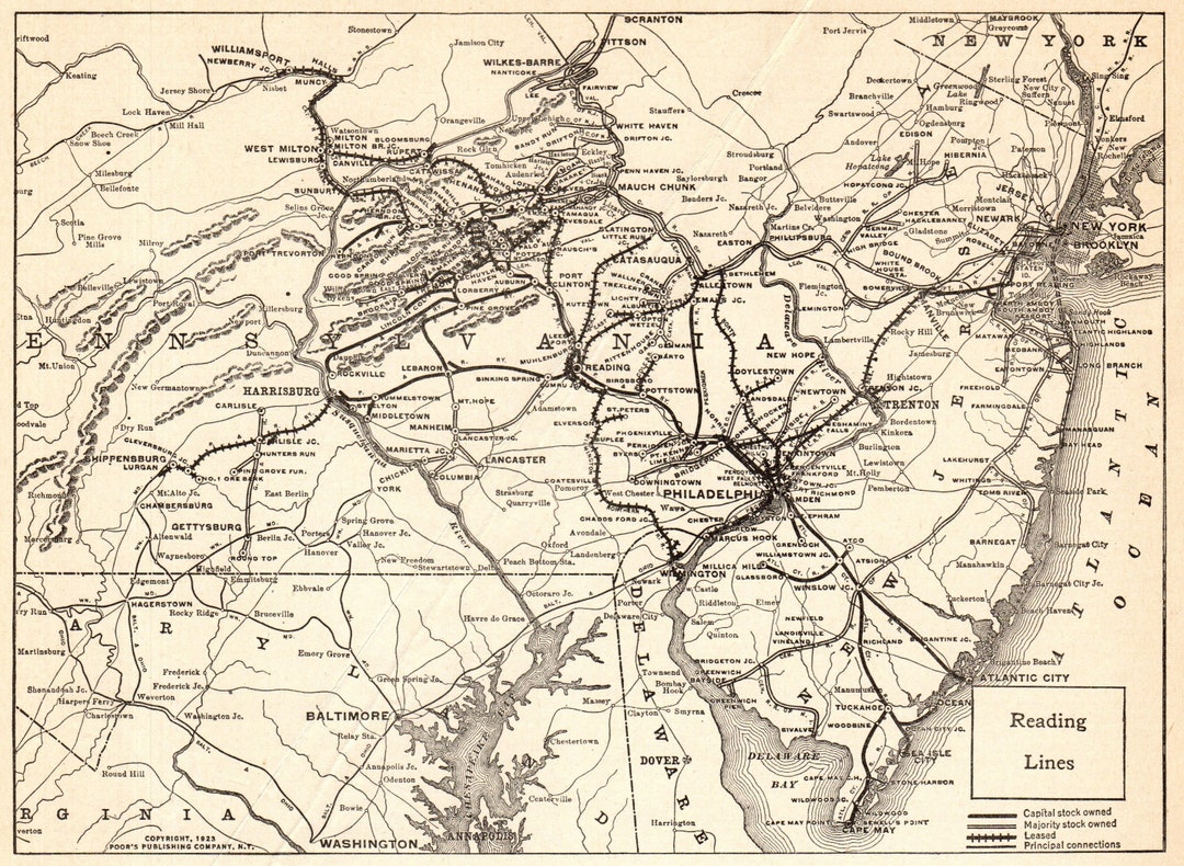 1928 Antique Reading Railroad Map Vintage Railway Map Black - Etsy