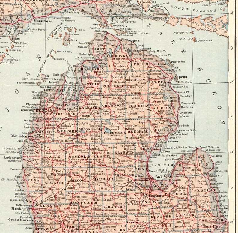 1914 Antique MICHIGAN State Map Vintage Map of Michigan | Etsy