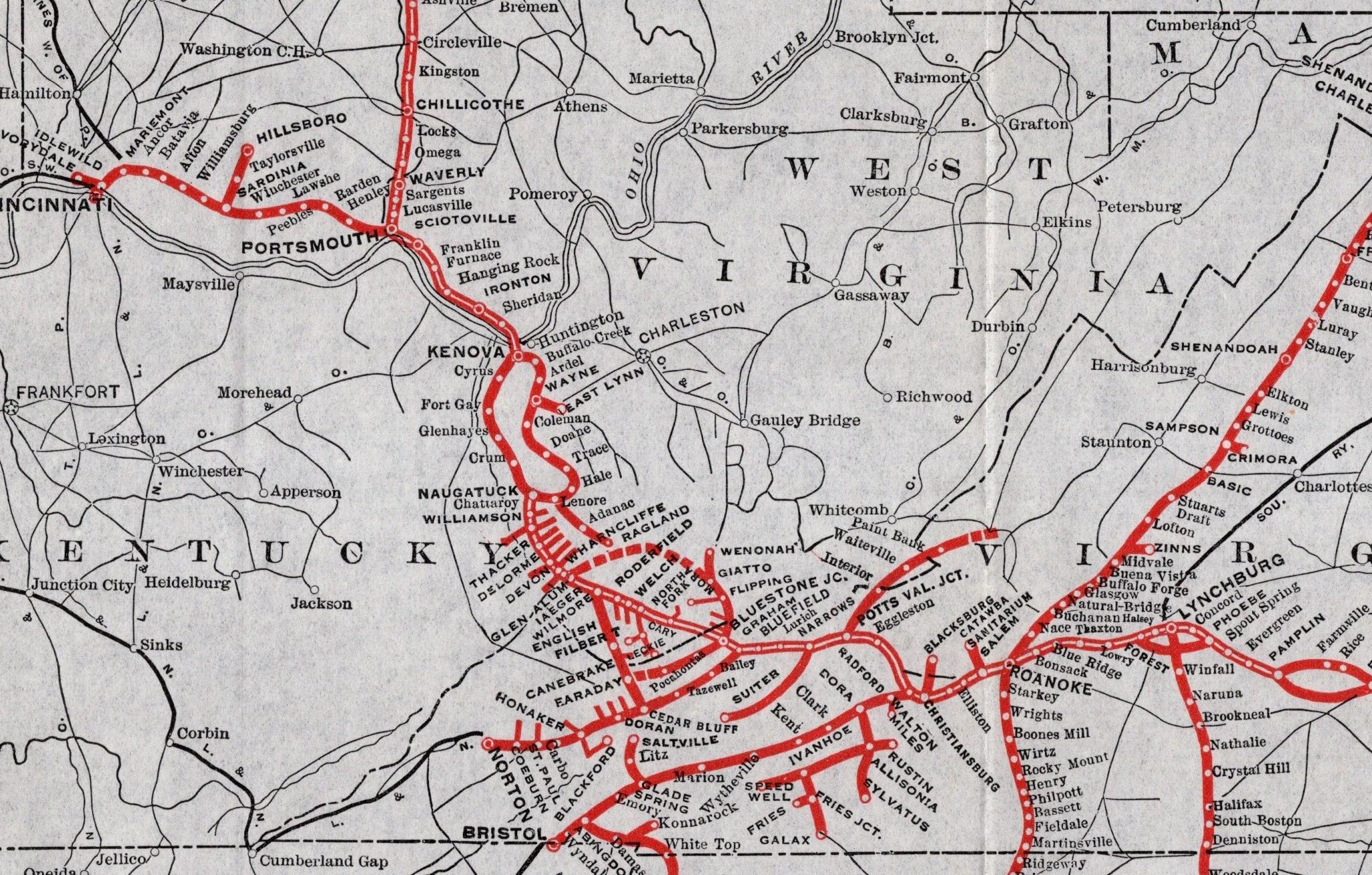 1923 Antique Norfolk and Western Railway System Map Norfolk and Western ...