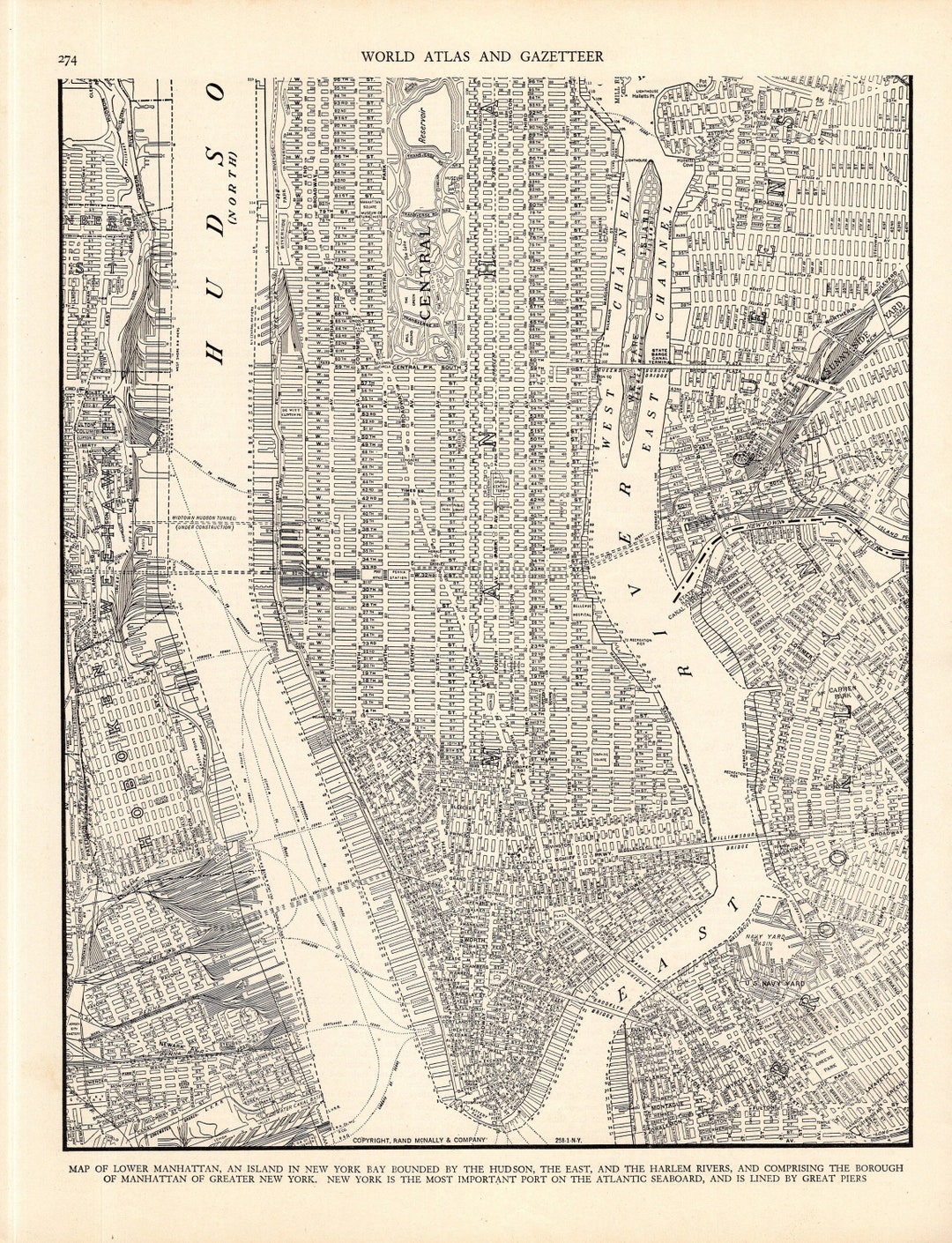1942 Antique MAP of MANHATTAN Street Map Wall Decor 1940s New York City ...