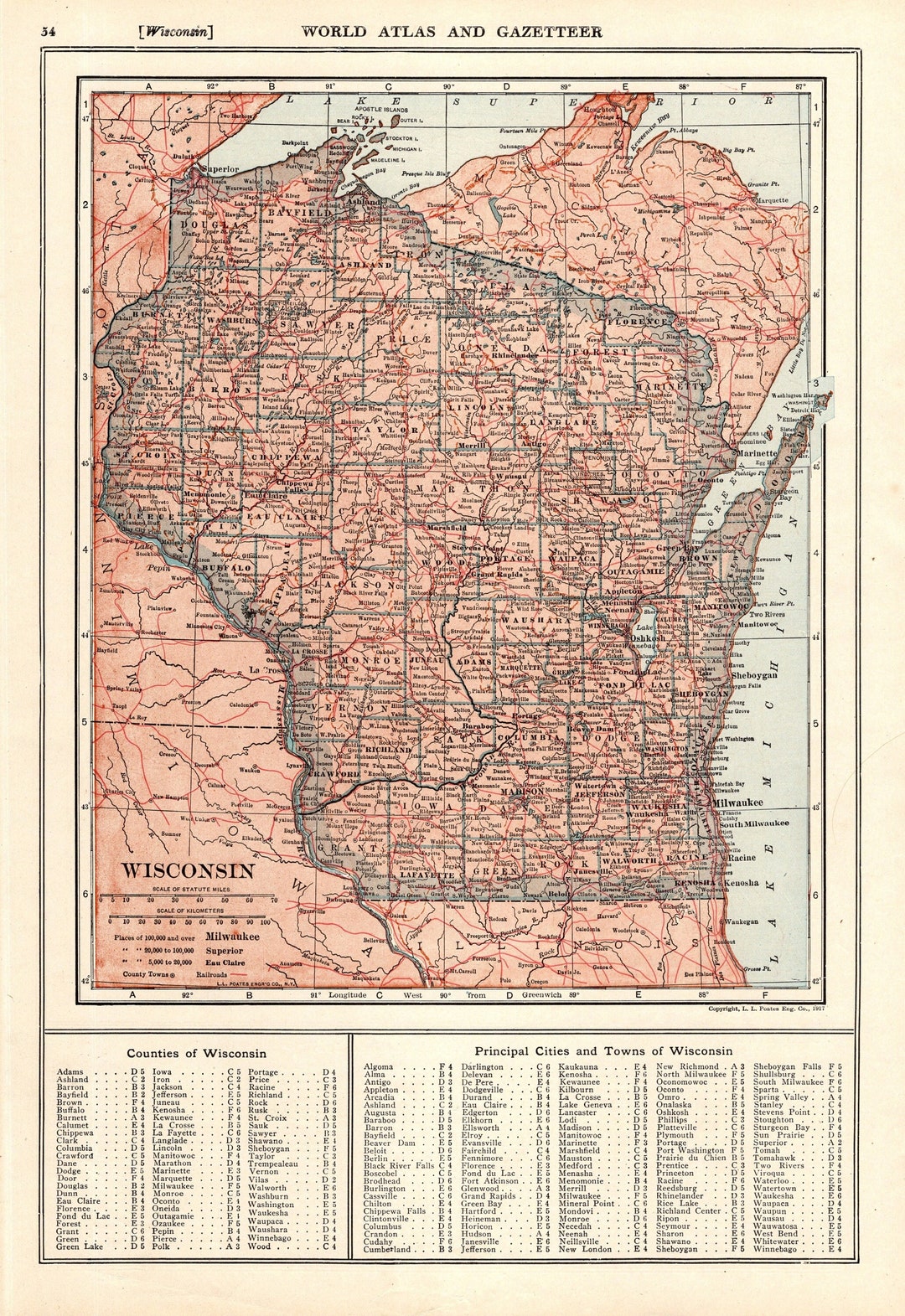 1917 Antique WISCONSIN State Map Vintage Map of Wisconsin Gallery Wall ...