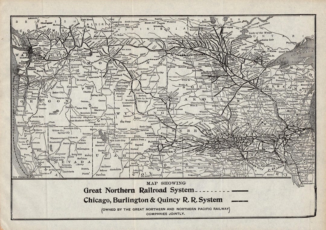 1918 Antique GREAT NORTHERN Railroad Map Chicago Burlington Quincy ...