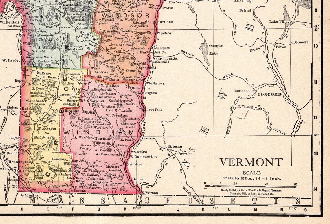 1911 Vintage Map of Vermont Antique Vermont State Map Gallery Wall ...