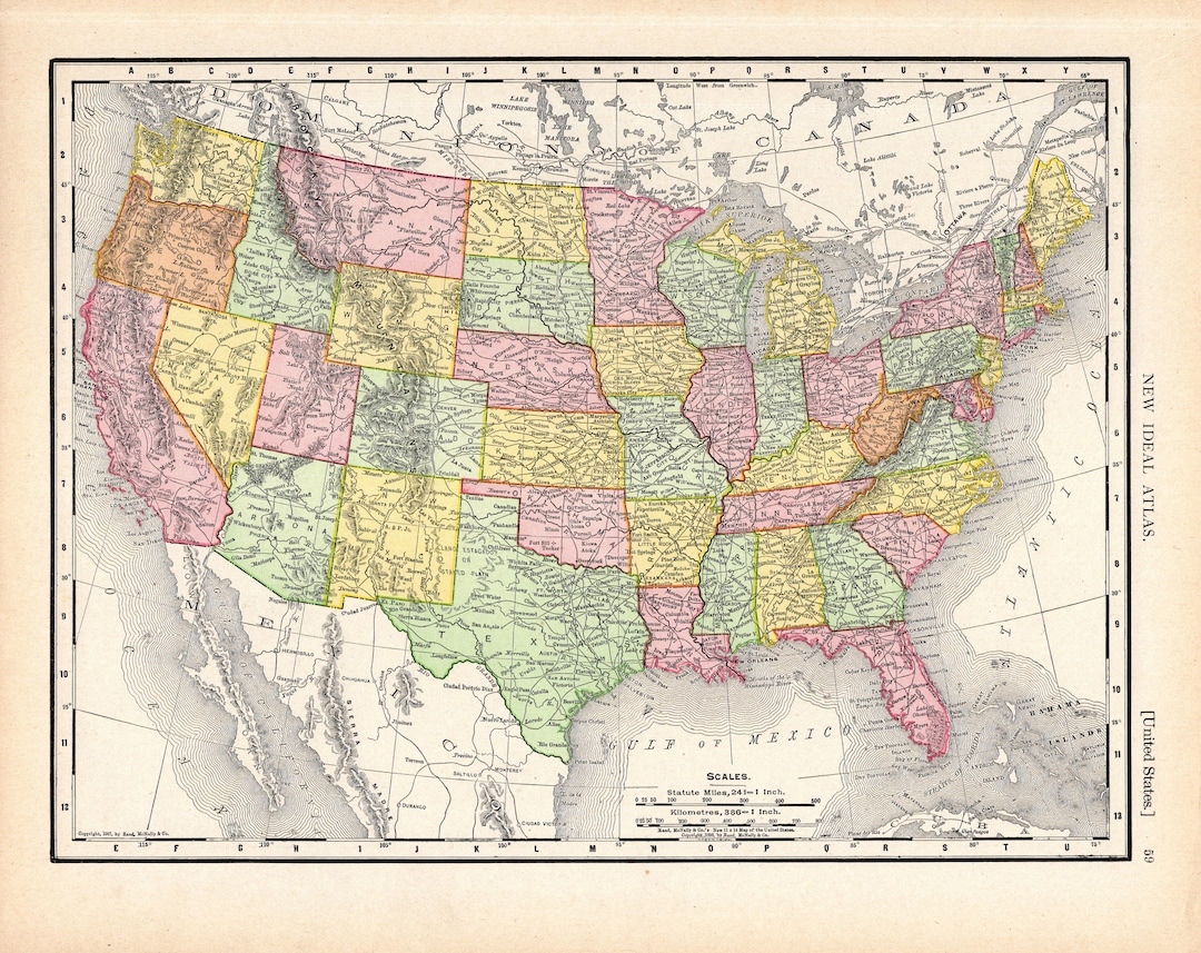 1907 Antique UNITED STATES Map of the United States Usa Map Wall Art ...