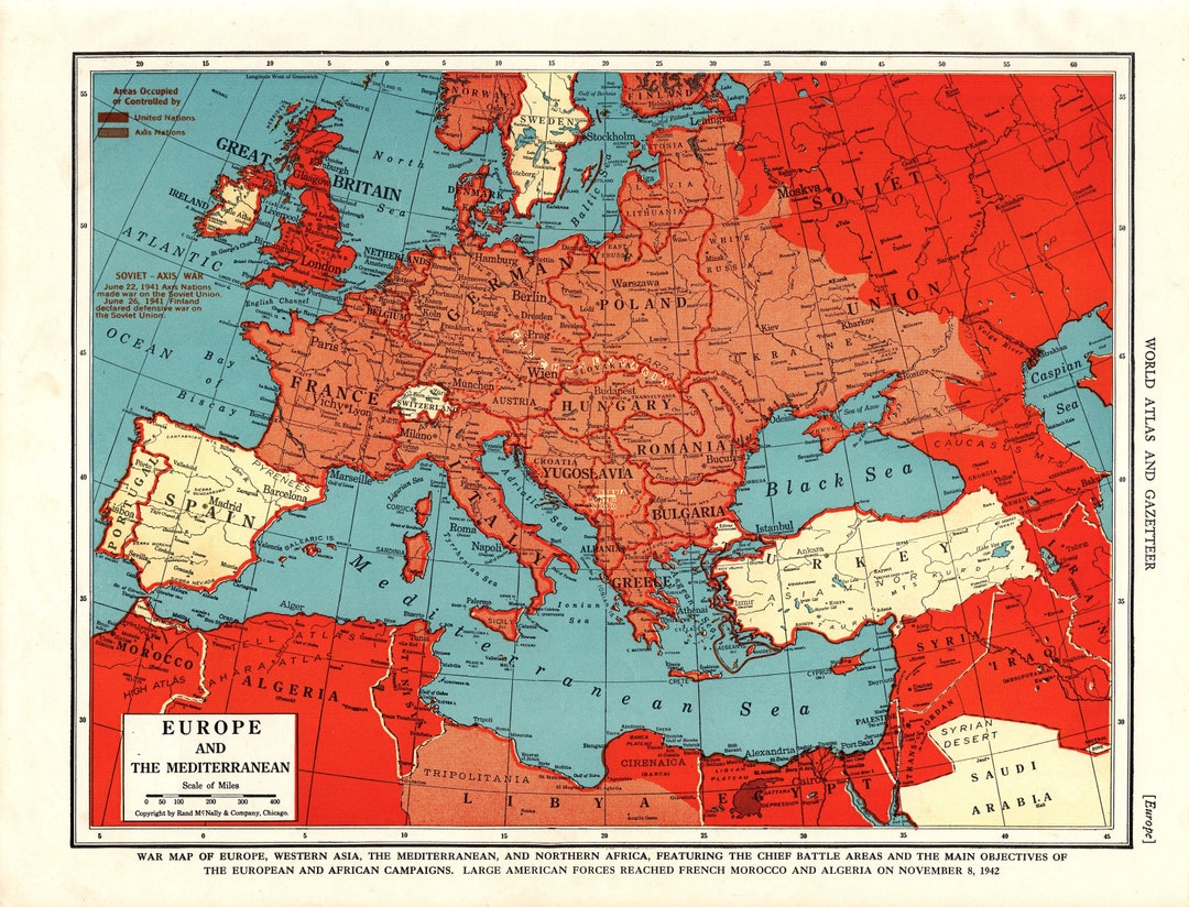 1943 Antique Wartime Europe Map Vintage Map of Europe the Mediterranean ...