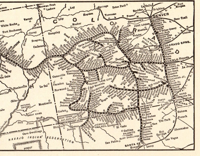 1911 Antique DENVER and Rio Grande RAILROAD Map Black and | Etsy