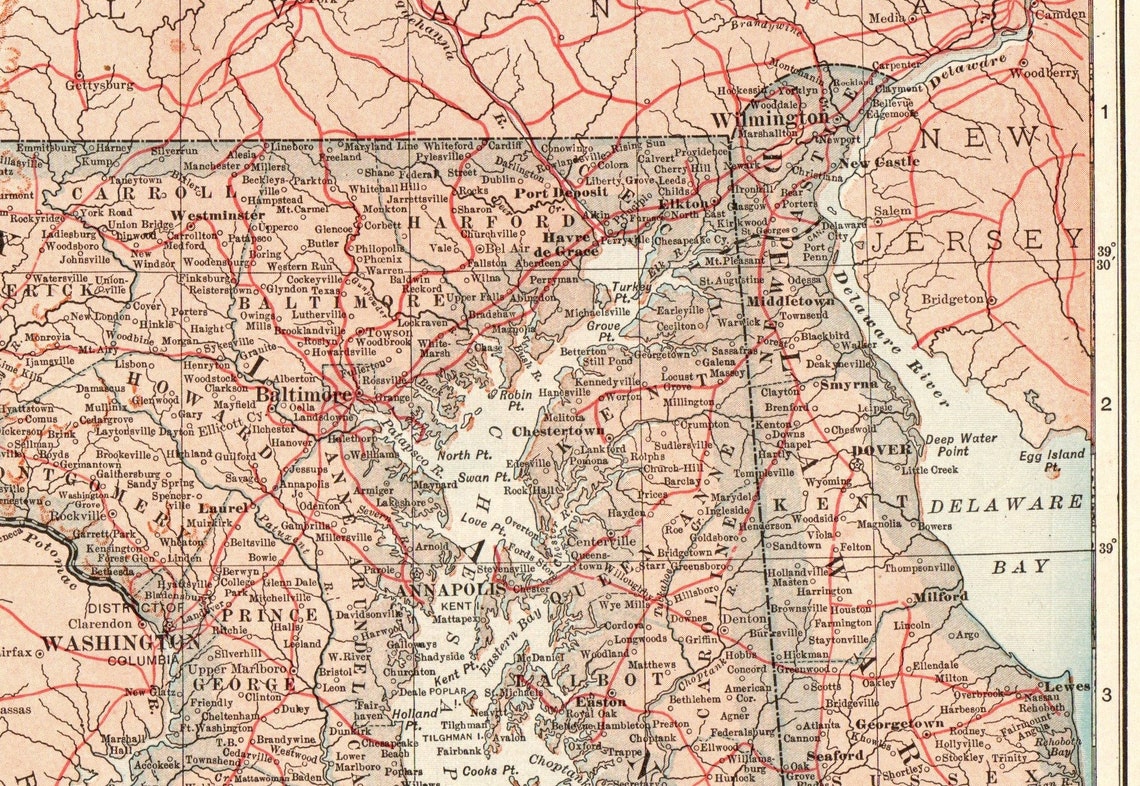 1917 Antique MARYLAND State Map DELAWARE State Map Anniversary - Etsy