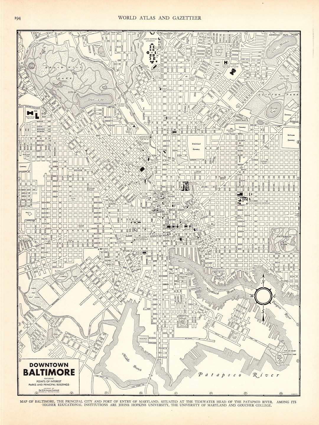 1940 Vintage Baltimore Maryland Street Map of Baltimore City Map Black ...