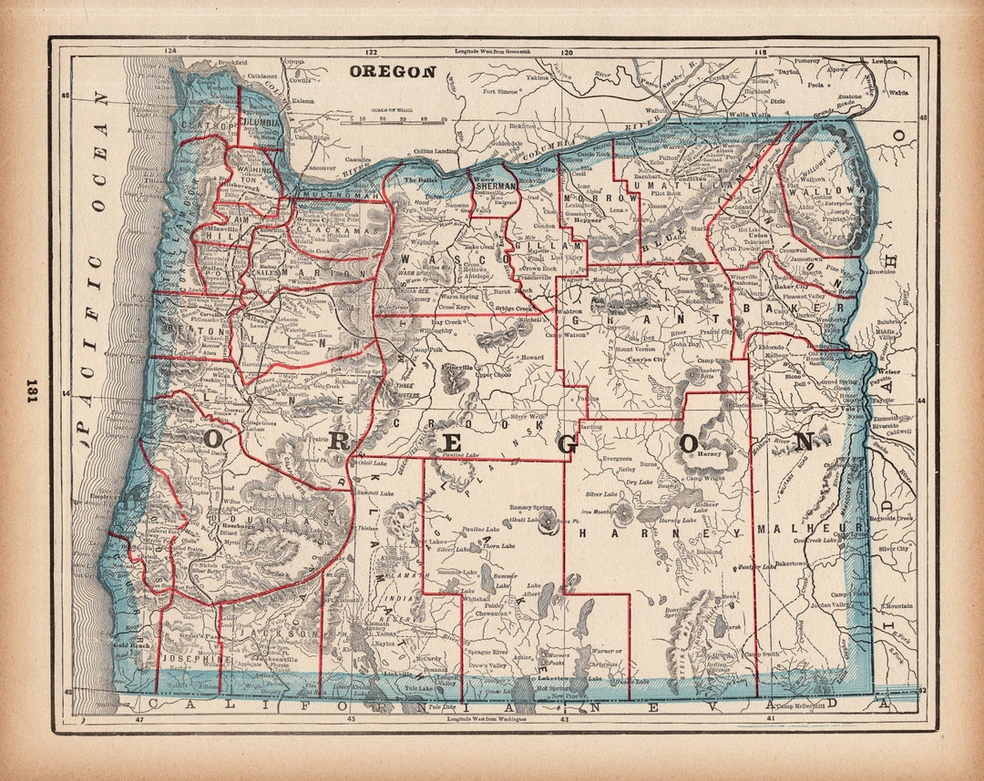 1892 Antique OREGON State Map Vintage Map of Oregon Gallery Wall Decor ...