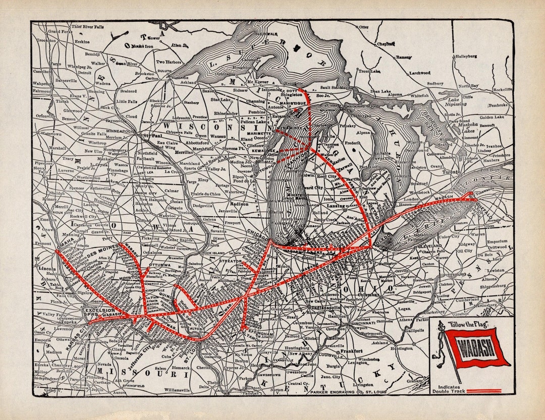 1933 Antique WABASH Railroad Map Buffalo to Omaha Chicago Toledo ...