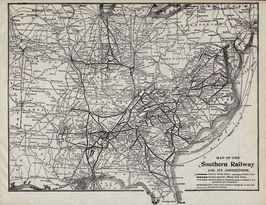 1918 Antique SOUTHERN RAILWAY Map Vintage Southern Railroad Map ...