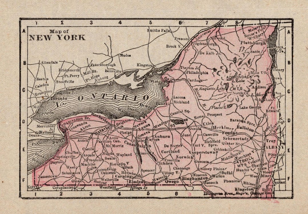 1888 Tiny New York State Map Wall Decor Vintage Map of New York ...