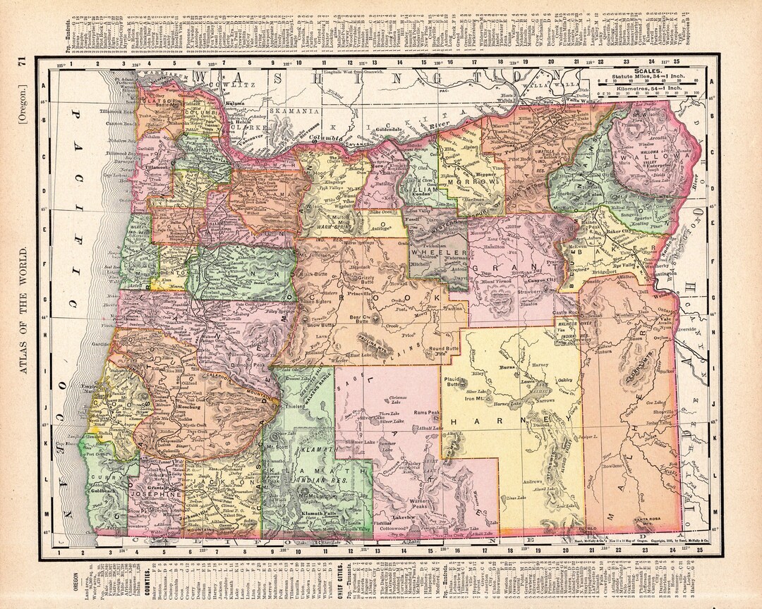 1895 Antique Oregon Map George Cram Atlas Map of Oregon Wall Decor ...