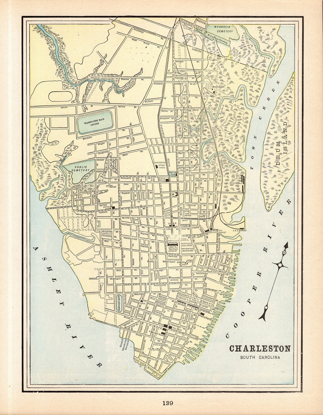 Antique CHARLESTON CITY Street Map 1899 George Cram Atlas Map of ...