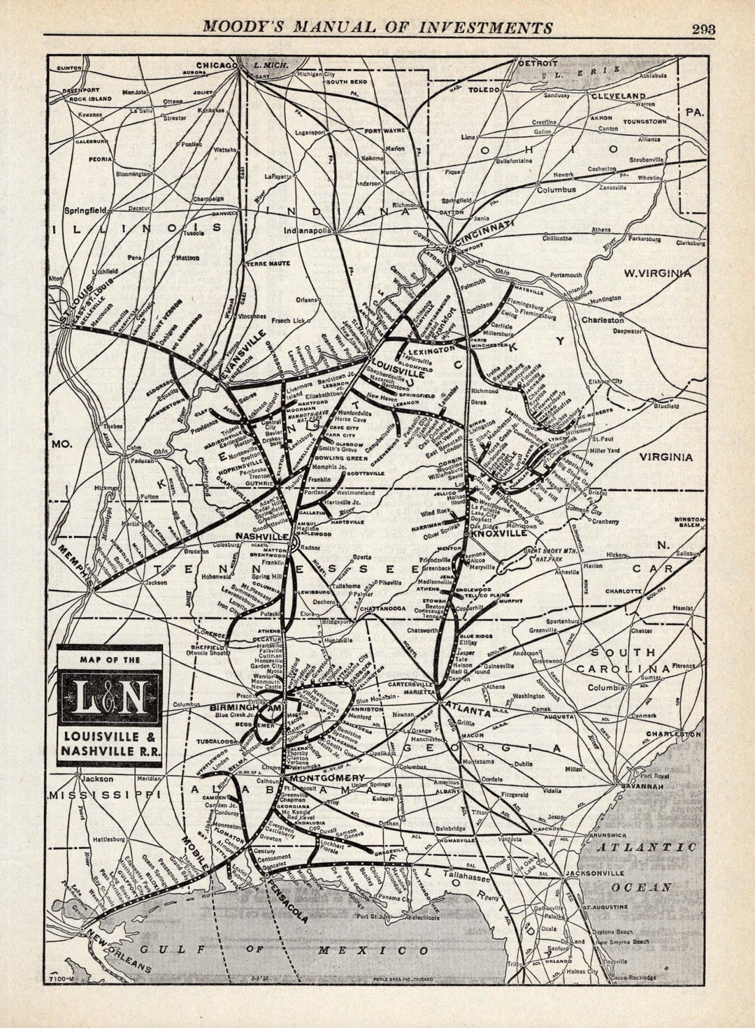 1946 Antique LOUISVILLE and NASHVILLE Railroad Map L and N Railroad Map ...