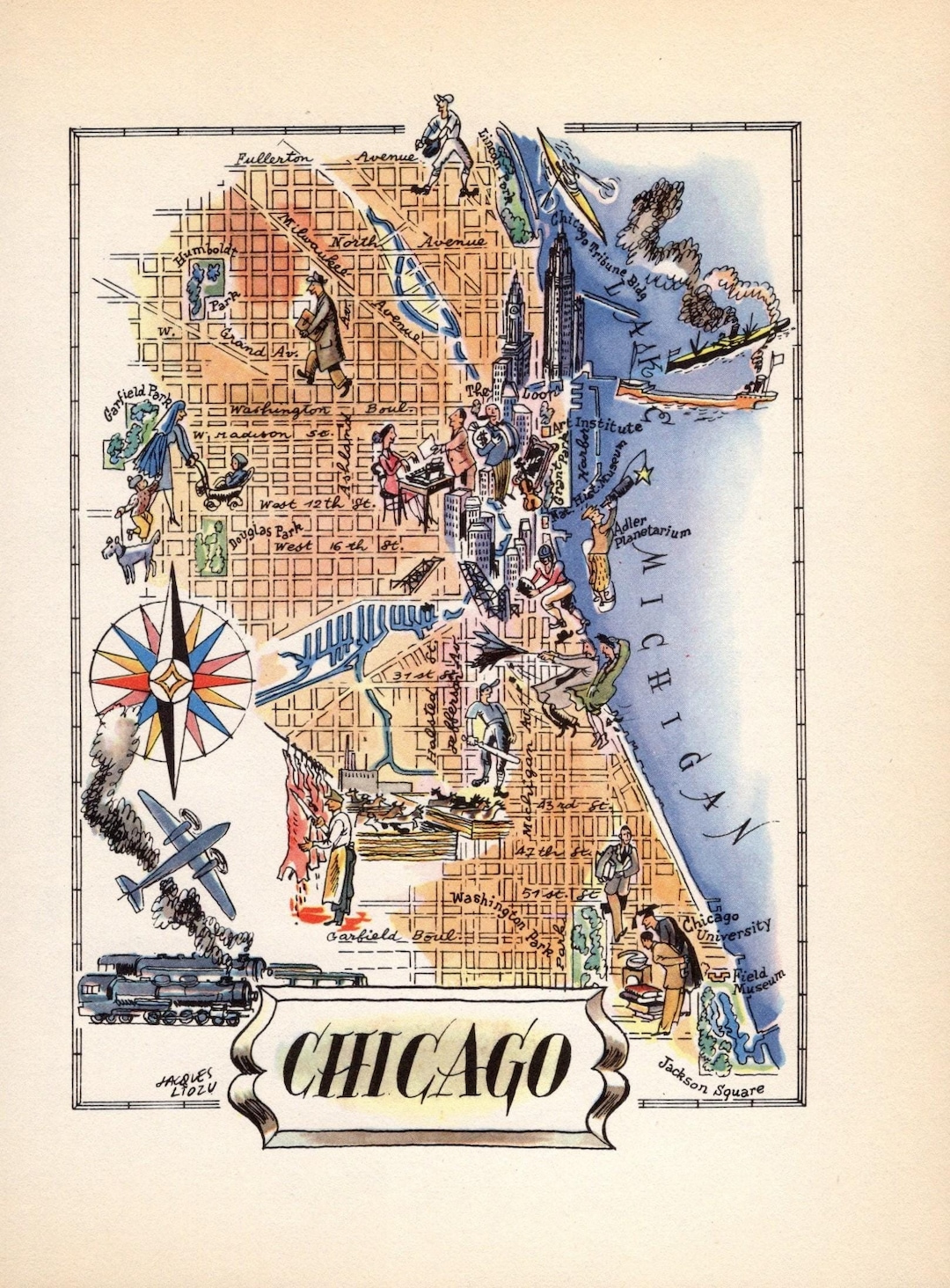 Vintage CHICAGO City Picture Map 1950s Animated Map of Chicago Gallery ...