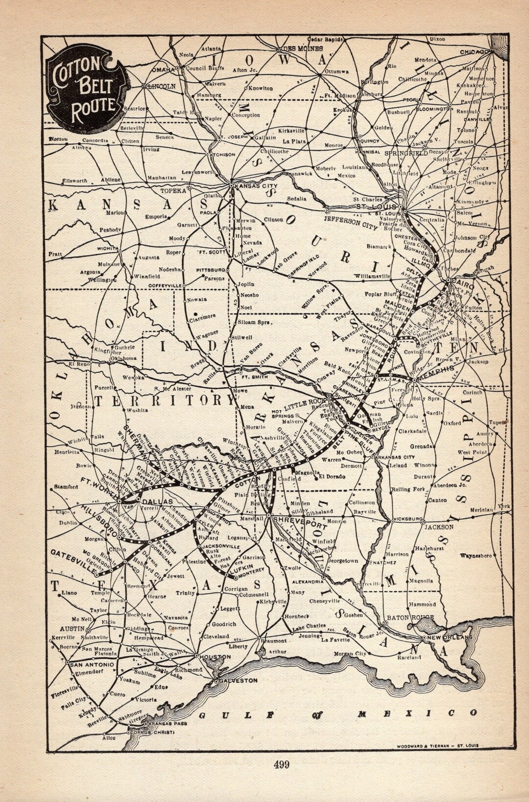 1905 Antique Cotton Belt Route Railway System Map St Louis Southwestern ...