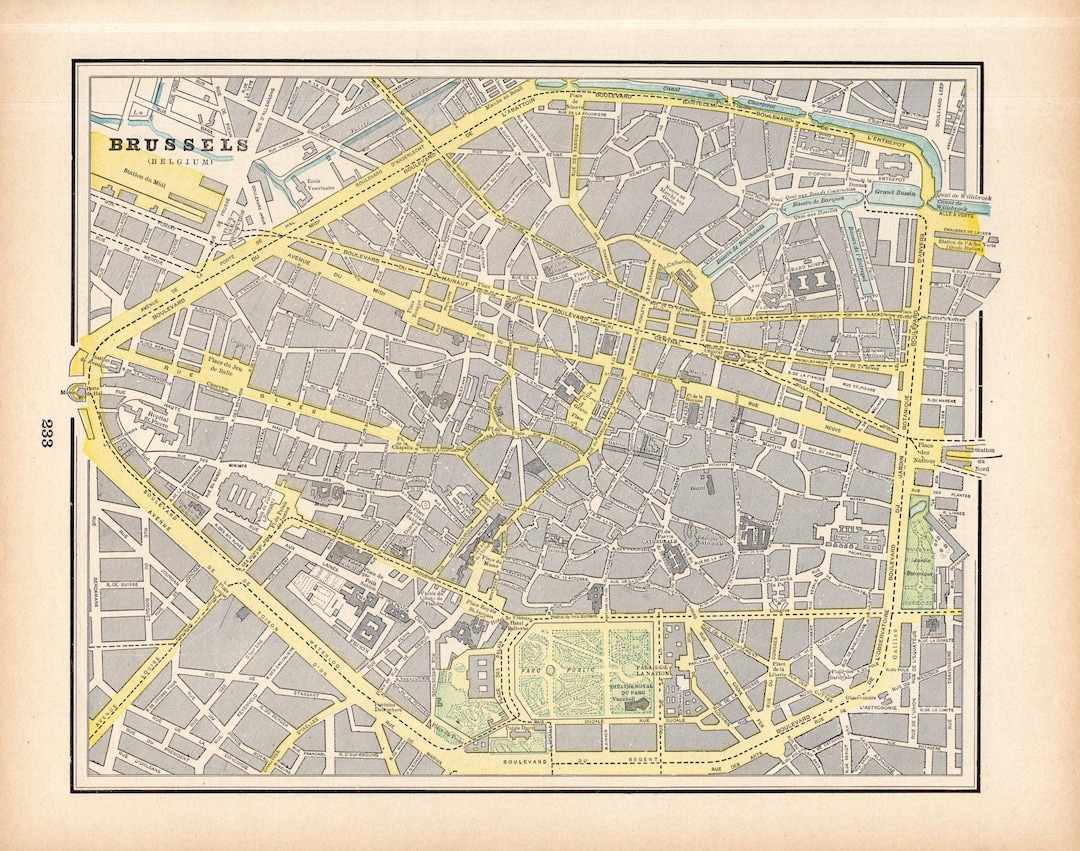 1897 Antique Brussels City Map Brussels Belgium Street Map Wall Decor ...