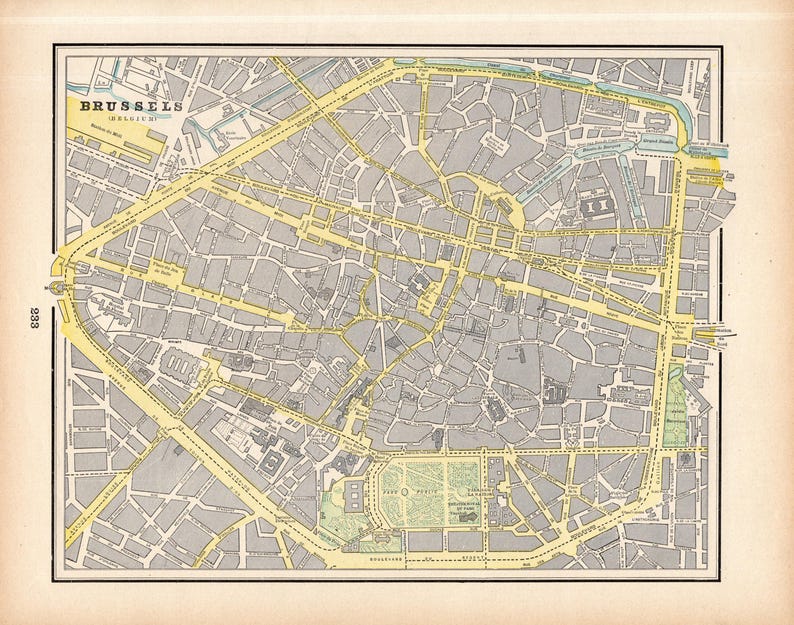 1897 Antique Brussels City Map Brussels Belgium Street Map Wall Decor ...