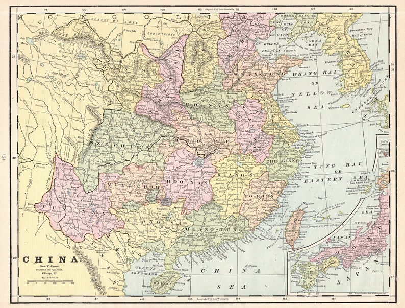 1889 Antique CHINA Map George Cram Atlas Map of China Gallery - Etsy