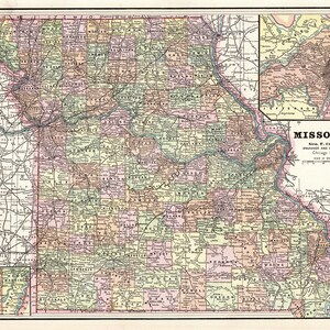 1891 Antique MISSOURI State Map George Cram Atlas Map of Missouri ...