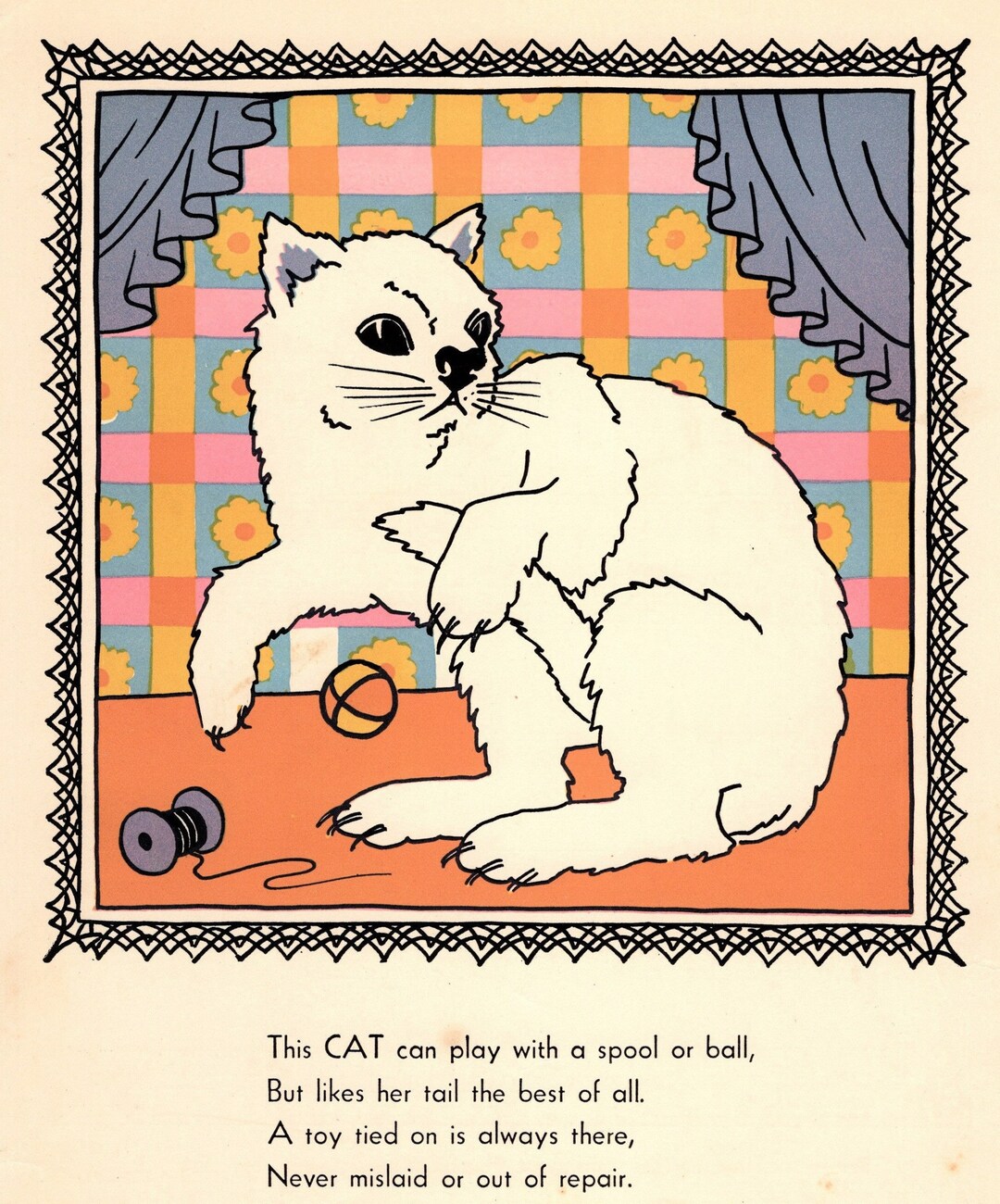 1930s Art Deco Playful Cat Print Wall Art Decor ABC Letter C Alphabet ...