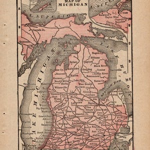 1888 Tiny MICHIGAN Map Vintage State Map of Michigan Miniature Map ...