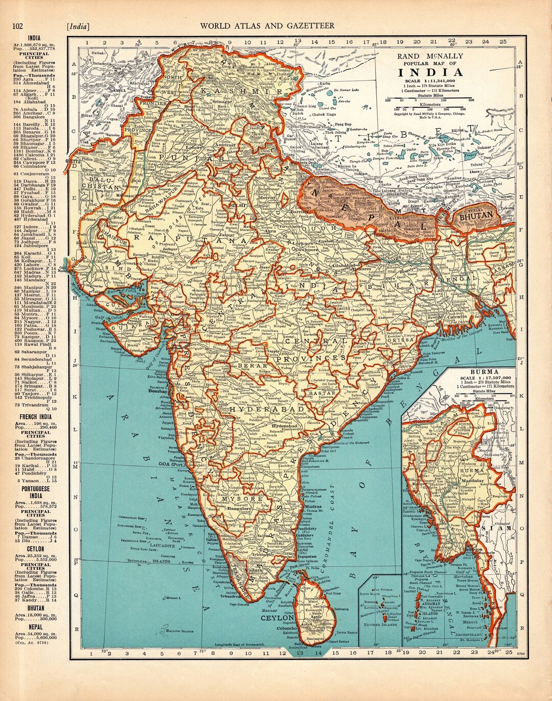 1937 Antique Map of INDIA Vintage India Map Library Decor Gift for ...