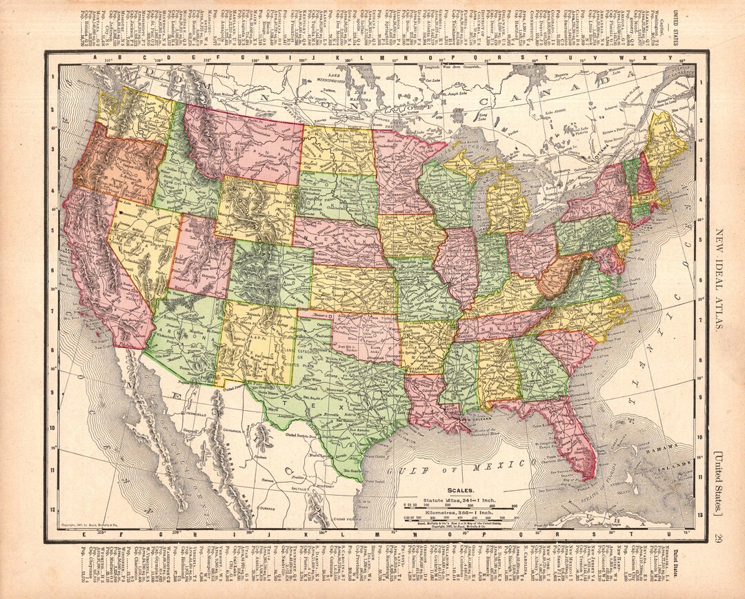 1907 Antique UNITED STATES Map of the United States Usa Map Wall Art ...