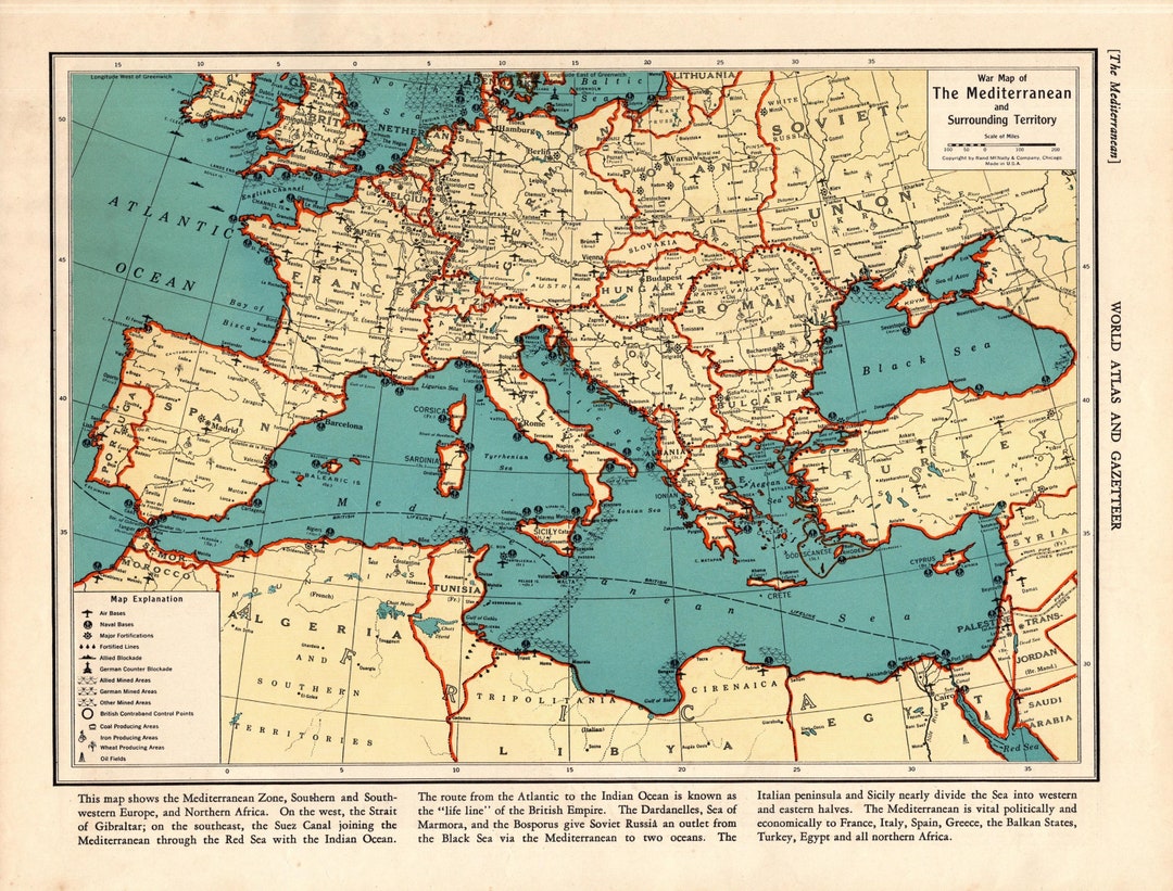 1940 Antique Wartime Europe Map Vintage War Map of the Mediterranean ...