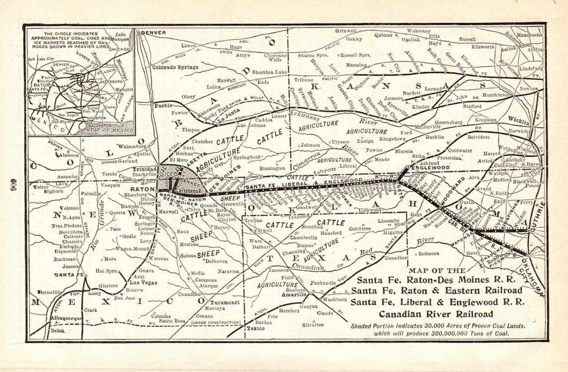1908 Antique SANTA FE Railroad Map Raton Des Moines Eastern | Etsy