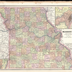 1891 Antique MISSOURI State Map George Cram Atlas Map of Missouri ...