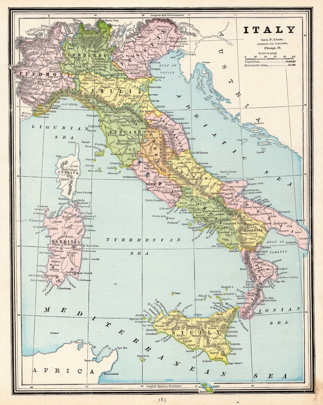 Antique Italy Map Gallery Wall Decor George Cram 1888 Atlas - Etsy