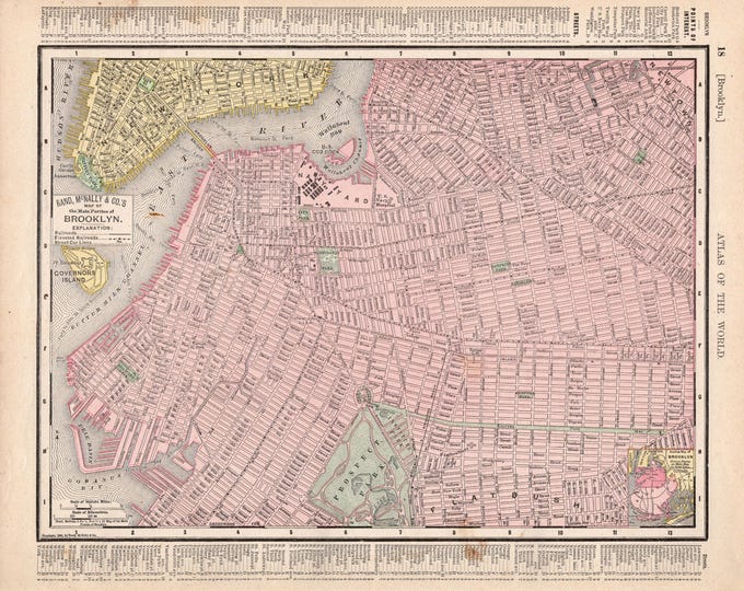 1895 Antique BROOKLYN New York Street Map of Brooklyn City Map Wall Art ...