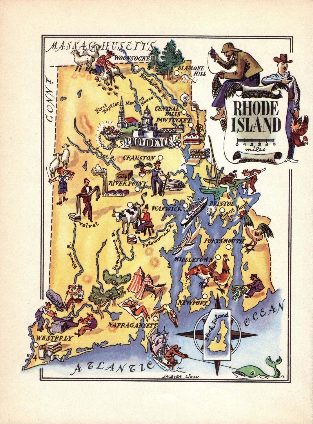 1950s Vintage RHODE ISLAND Picture Map Animated State Map of Rhode ...