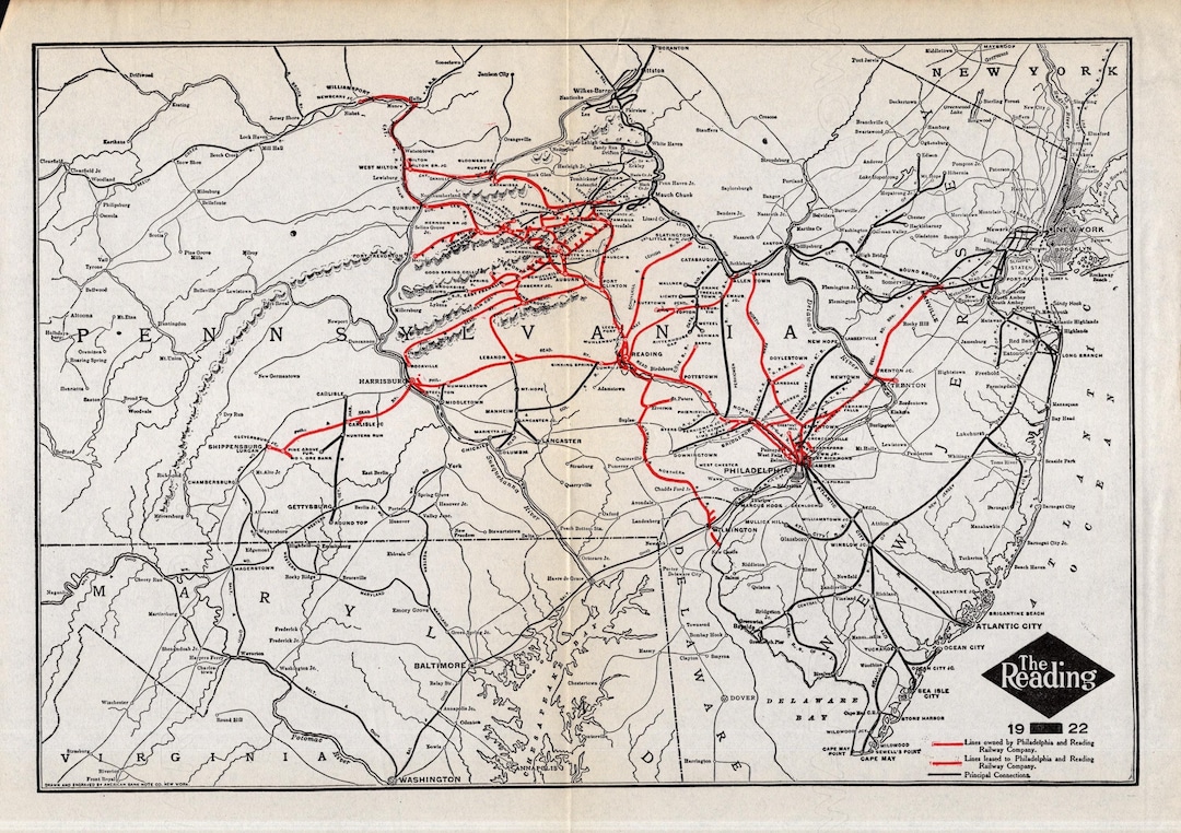 1922 Antique Reading Railroad Map Vintage Reading Lines Railway Map ...