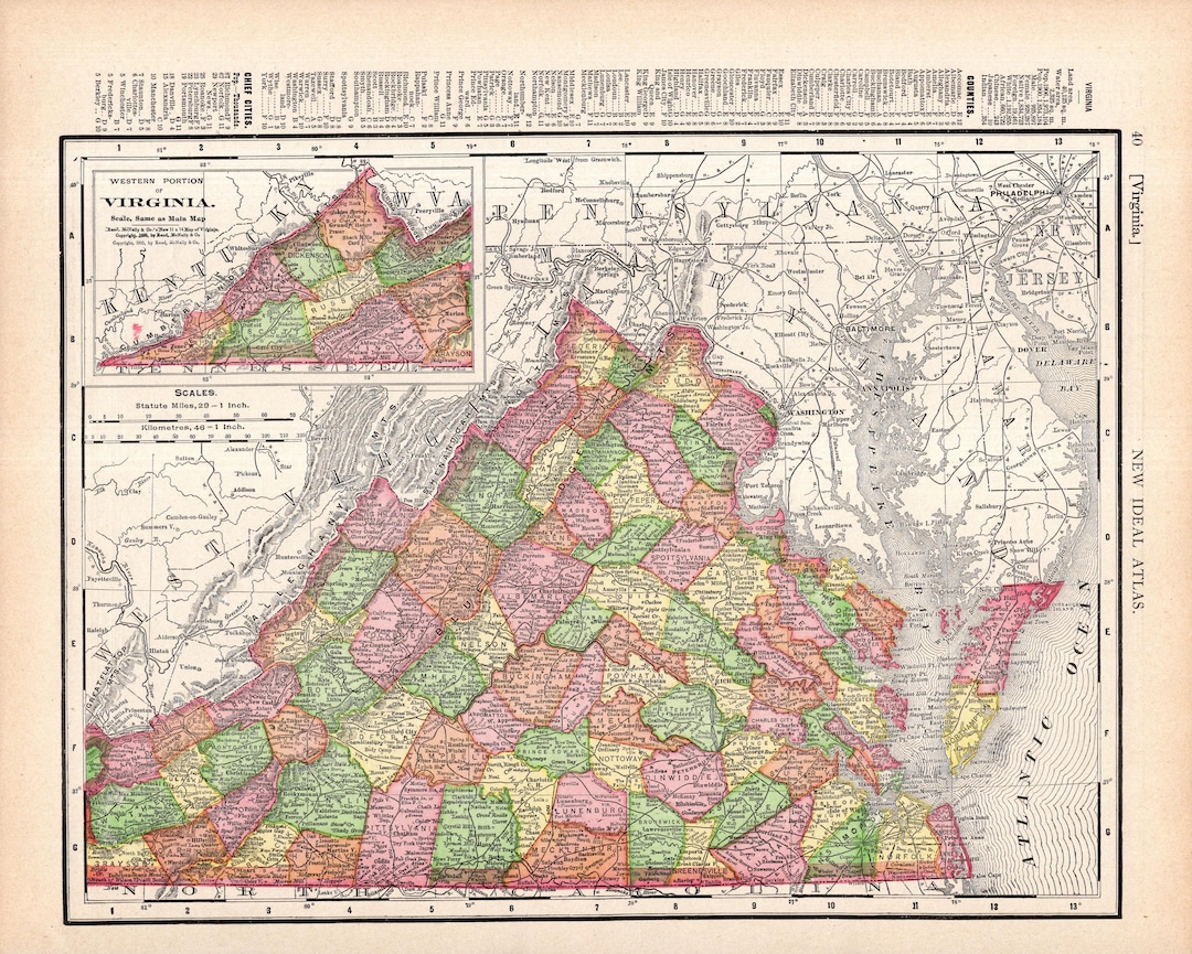 1909 Antique VIRGINIA State Map Vintage Map of Virginia Wall Decor ...